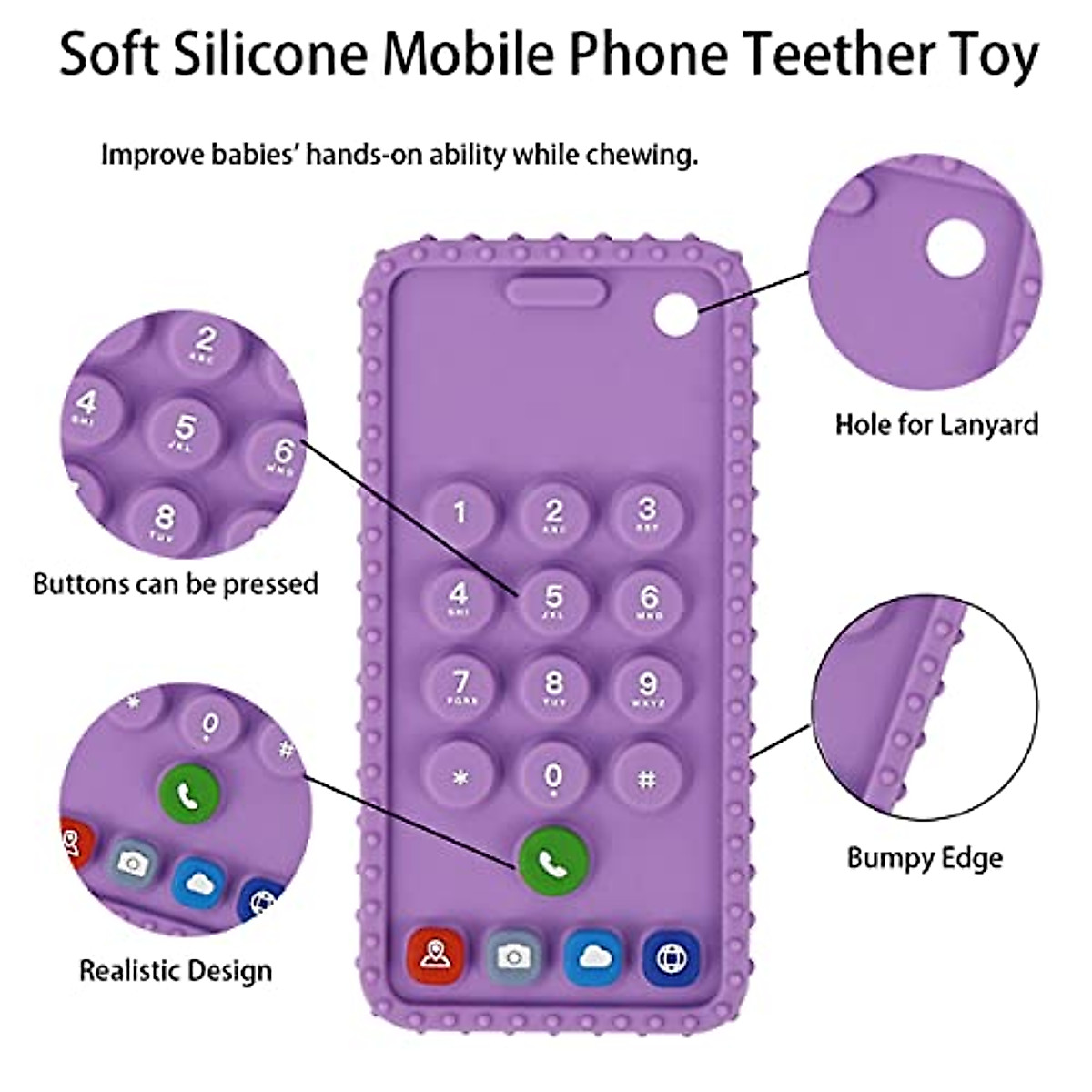 Whisary Mobile Phone Shape Teething Toys，Silicone Baby Teether Toys with Pacifier Clip for Babies 0-3 Months 3-6 Months,Baby Chew Toys Sensory Toys for Babies 6-18 Months Pack 1 (SJ-Purple)