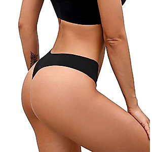 Sexy Thongs for Women, No Show Panties V-waisted Stretch Breathable, Seamless Thong Underwear 6 Pack Small Black