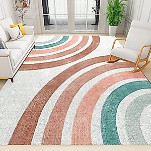 Modern Mid Century Style Kids Rugs, Boho Rainbow Geometric Stain Resistant Area Rugs, Breathable Durable Carpet, Machine Washable Mat for Bedroom Decor 6' x 9'