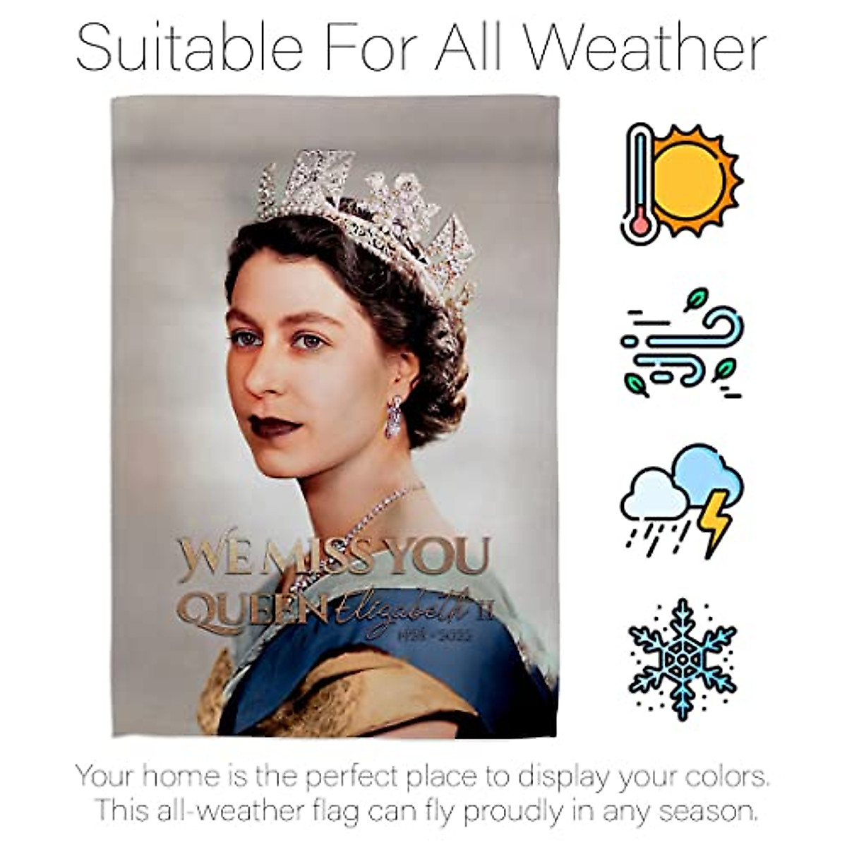 Queen Elizabeth II Flag We Miss You Garden Flag Set Wood Dowel Sweet Life Sympathy Remembrance Memorial Bereavement Love Support Emotion Postive House Banner Small Yard Gift Double-Sided, Made in USA