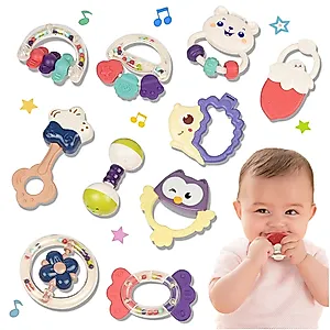Woby 10pcs Baby Toys Rattles Set, Toddlers Chewing Teething Toys Grab Shaker Hand Bells and Spin Rattle Musical Toy Playset Early Educational Gift Toys for Baby Newborn Infant 6-12 Months