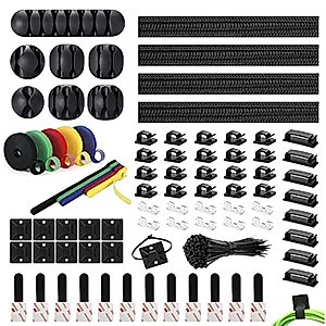 204pcs Cord Management Organizer Kit ,include 4 Cable Sleeve Split with 45 Self Adhesive Cable Clips Holder, 5 Rolls and 30 pcs Adhesive Ties, 100 Nylon Fasten Cable Ties for TV Office Car Desk Home