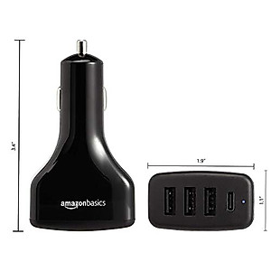 Amazon Basics 54W 4-Port USB Car Charger, with 1 USB-C (18W) Port with Power Delivery and 3 USB-A (12W) Ports - Black