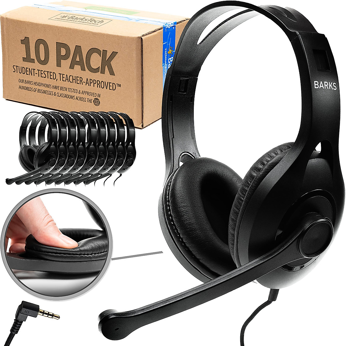Barks Classroom Headphones With Microphone (10 Pack) - On-Ear Bulk Headphones With Microphone: Best for Students K-12 Schools (Rotating Boom Mic, Good Recording Quality, Durable Design, Easy-to-Clean)