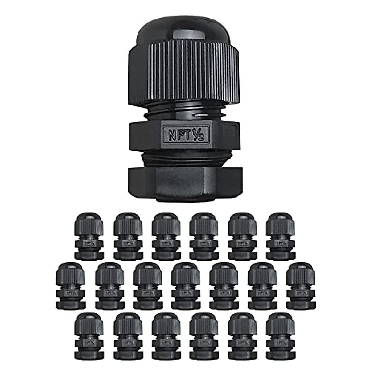 MGI SpeedWare 1/2" NPT Strain Relief Nylon Cord Grip Cable Glands, Black Plastic Grommet 20-Pack