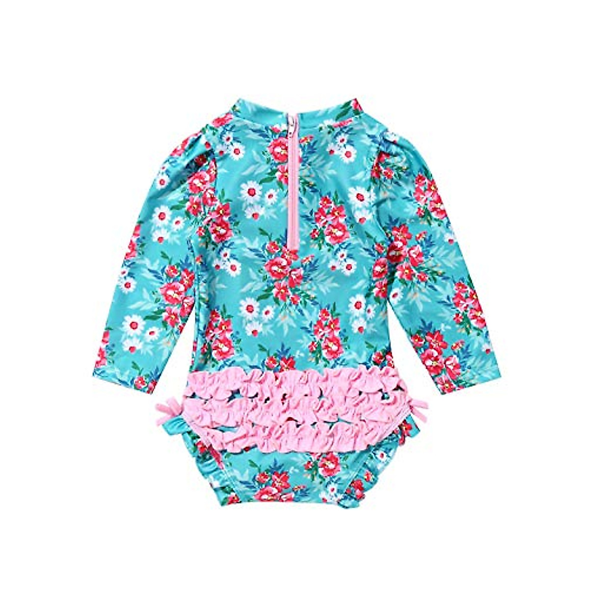 MSemis Infant Baby Girls Floral Printed Ruffled Back Rash Guard UPF 50+ Swimwear Swimsuit Bathing Suit Blue 18-24 Months