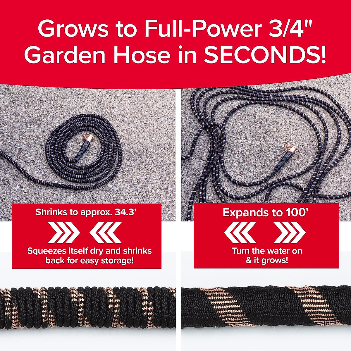 Pocket Hose Copper Bullet Expandable Garden Hose w/10 Pattern Thumb Spray Nozzle AS-SEEN-ON-TV 100 FT 650psi 3/4 in Patented Lead-Free Ultra-Lightweight Solid Copper Anodized Aluminum Fittings No-Kink