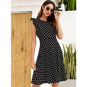 YATHON Women's Vintage Ruffle Floral Flared A Line Swing Casual Cocktail Party Dresses (S, YT001-Black Dot)