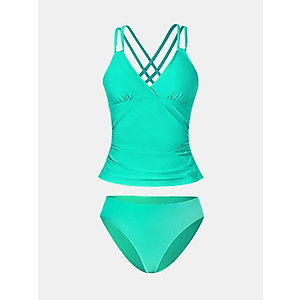 CUPSHE Women's Tankini Sets Two Piece Swimsuit V Neck Crisscross Adjustable Double Straps Ruched Mid Rise, L Turquoise Green