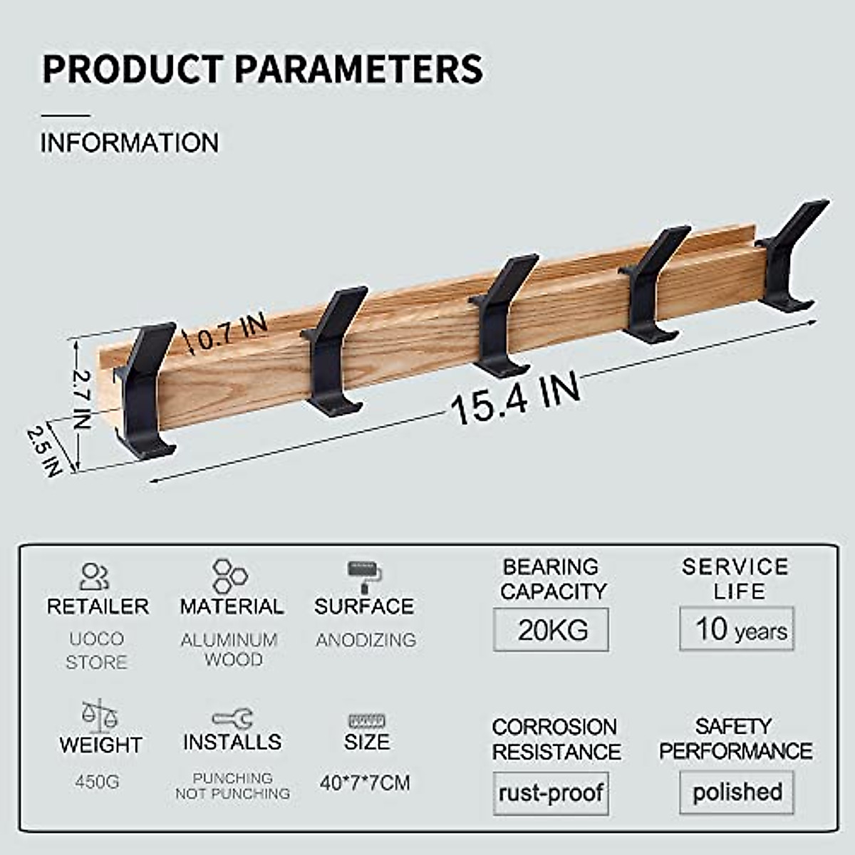 KooNiosio Coat Hook Rack Wall Mounted Coat Rack-5 Double Hook,Aluminum,Metal Coat Hook Rail for Coat Hat Towel Robes, Wooden Coat Hooks (Black)