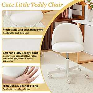 VINGLI Candy Chair Armless Cute Desk Chair,Comfy Small Office Chair with Wheels,Vanity Chair with Lumbar Support,Teddy Adjustable Rolling Swivel Computer Task Chair for Home Office,Bedroom,White