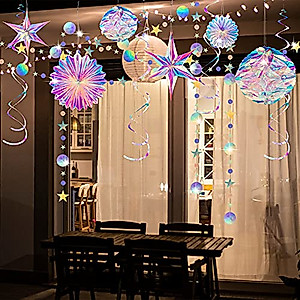 Ganory 29 Pieces Home Iridescent Party Supplies Kit with Hanging Honeycomb Ball Decorative Paper Fan Snowflake Garlands White Star Hanging Swirl Decorations for Birthday Wedding Party Decorations