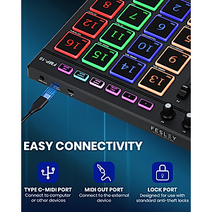 Fesley MIDI Controller Professional, Beat Maker Machine with 16 Beat Pads, MPC with 2 Assignable Fader & Knobs, Portable MIDI Pad Controller, Beat Machine for Music Making
