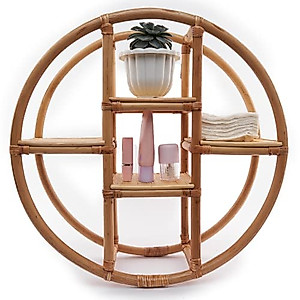 T'Furni Rattan Round and Square Striped Wall Shelf for Living Room Kitchen Wall Decor - Natural Rattan Floating Shelves - Natural Hanging Book - Wall Shelves with Storage