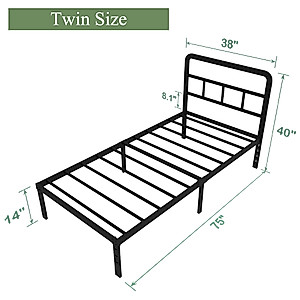 Maenizi Twin Bed Frames with Headboard, 14 Inch Twin Bed Frames No Box Spring Needed Support Up to 2500 lbs, Noise Free, Easy Assembely, Black
