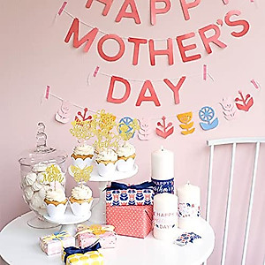 24 PCS Happy Mother's Day Cupcake Toppers Glitter Heart #1 Mom Butterfly Love You Mom Cupcake Picks for Happy Mother's Day Theme Women Birthday Party Cake Decorations Supplies Gold