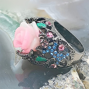 ABJFJE Retro Crystal Resin Rose Flower Cocktail Statement Ring Uniquely Stylish Stacking Wedding Band Rings Fashion Jewelry Accessories for Women Gift (8)