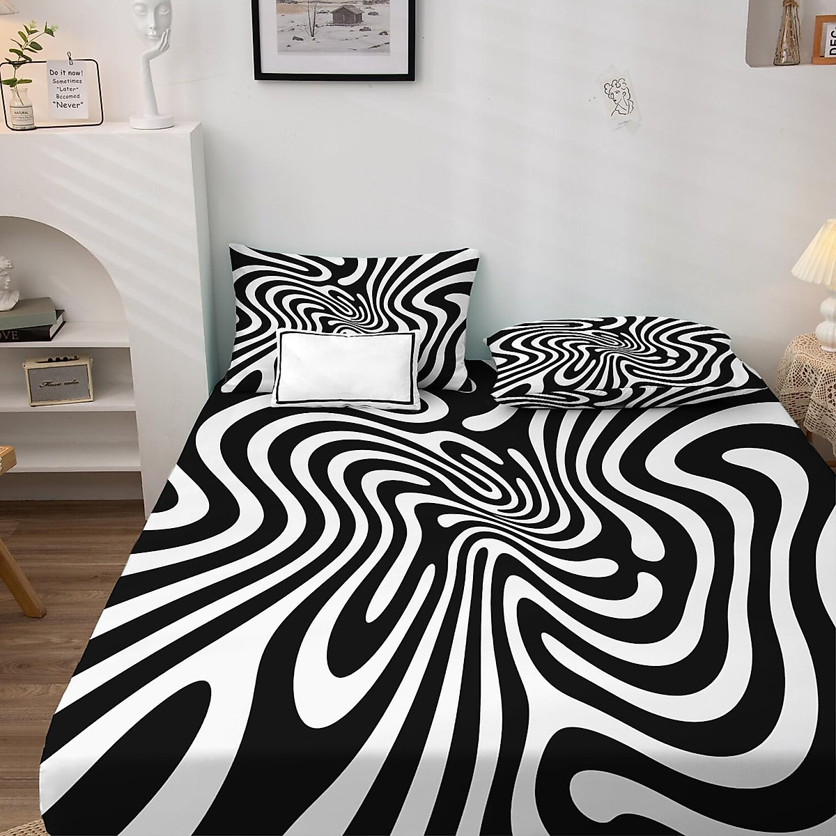 THYUNQ Abstract Sheets Full Size Bed, Black and White Pattern Bedding Sheets & Pillowcases - 16 Inch Deep Pocket, Super Soft Microfiber Printed Sheet Set 4 Piece