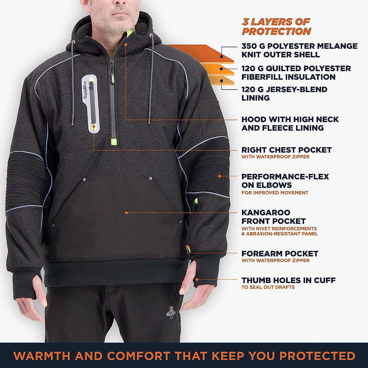 RefrigiWear Extreme Hybrid Insulated Pullover Sweatshirt, Performance-Flex Hoodie, (Black), (X-Large)