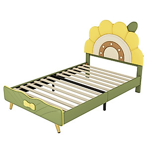 MERITLINE Twin Size Upholstered Platform Bed with Sunflower Shaped Headboard, PU Upholstered Twin Size Bed Frame for Kids Teens, Boys Girls,Green + Yellow