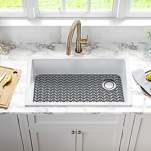 AWOKE Sink Protectors for Kitchen Sink - 28.6"x 14.5" Sink Mat - Heat-resistant Easy-clean Silicone Sink Mat - for Protection of Stainless Steel Sink - with Right & Left Drain (Grey)