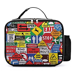 Road Traffic Sign Reusable Lunch Tote Bag Leather Thermal Box with Detachable Handle and Padded Liner for Office Picnic