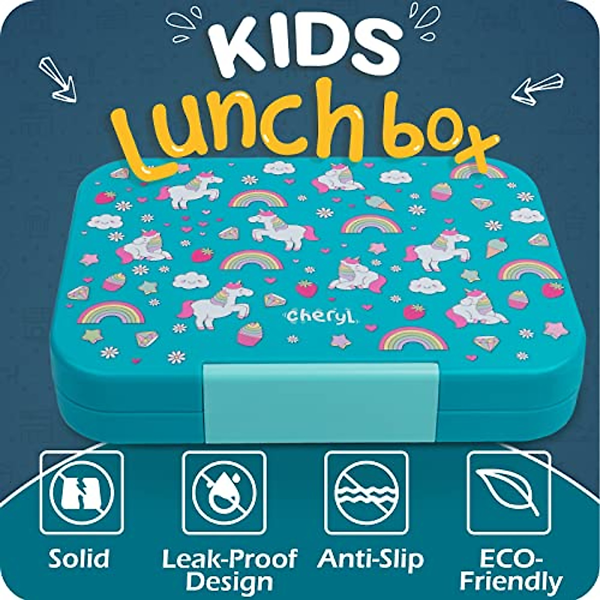 Cheryl Bento Box for Kids 27 oz, Bento Lunch Box Kids with 6-Compartment, Lunch Containers for Kids Daycare, Inner Removable Compartment Tray Dishwasher Safe, Microwave Safe - Blue Unicorn