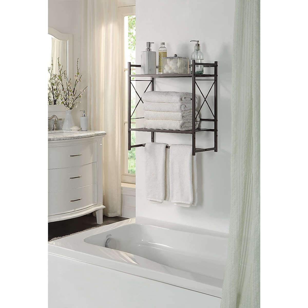 SunnyPoint Classic Square Bathroom Shelf, 2 Tier Shelf with Towel Bar Wall Mounted Shower Storage (Classic - Wall Mount - Silver)
