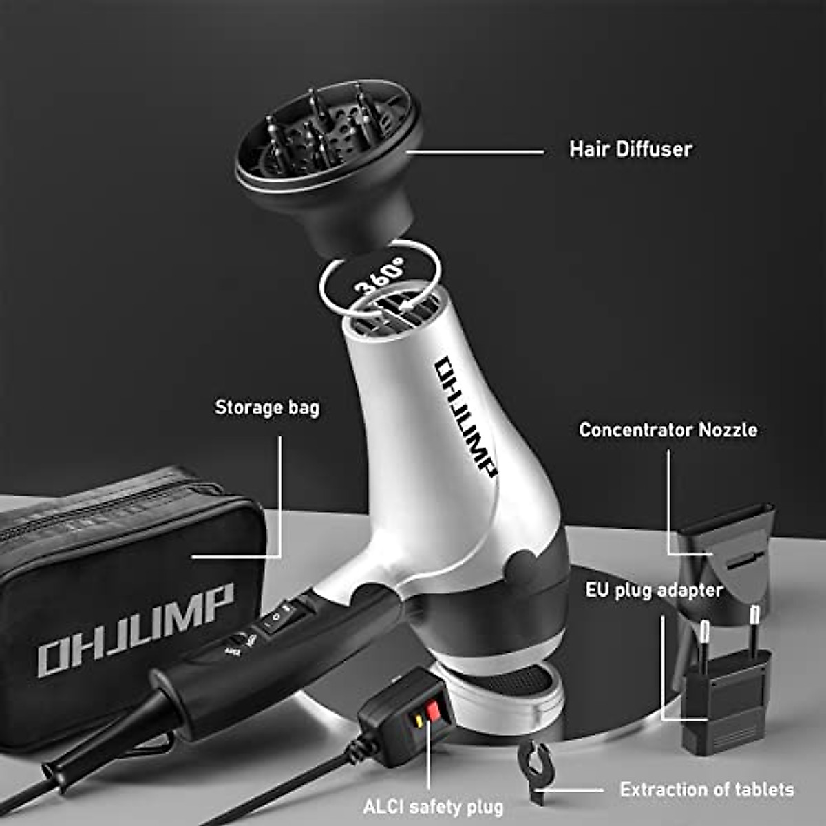 OHJUMP Mini Travel Hair Dryer Blow Dryer with Diffuser,Portable Small Dual Voltage Compact Hairdryer,EU Plug,1875W,Powerful Fast Dry,Folding Handle,Diffuser Hair Dryer( Silvery）