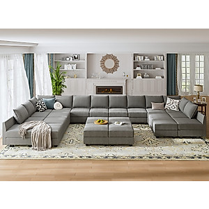HONBAY Oversized Modular Sofa Couch with Ottoman U Shape Sectional Couch with Chaise Large Sleeper Modular Sectional Sofa with Storage Seats, Grey