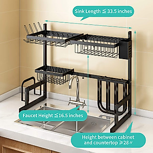 Over The Sink Dish Drying Rack Adjustable (25.6"-33.5"), 2 Tier Stainless Steel Dish Rack Drainer, Large Dish Rack Over Sink for Kitchen Counter Organizer Storage Space Saver with 10 Utility Hooks