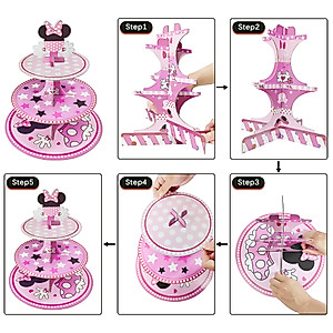 Jouierty Pink Cupcake Stand Cartoon Mouse Cardboard Dessert Tower Serving Tray for Kids Girls Birthday Party Decoration Baby Shower Decor Tea Party Cup Cake Holders Display Table Decorate Supplies