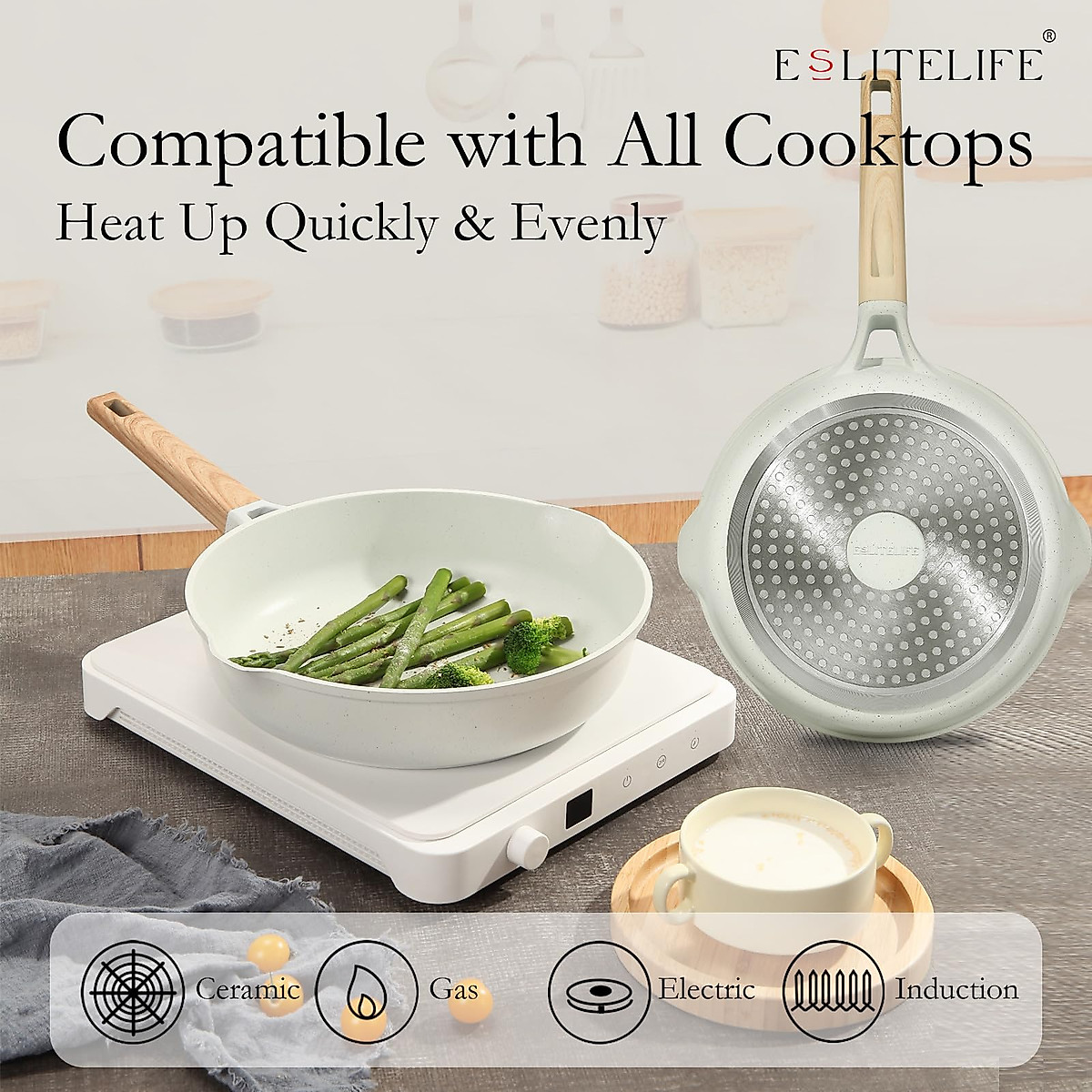 ESLITE LIFE Nonstick Frying Pan Skillet with Lid, Healthy Granite Coating Egg Omelette Pan Stone Cookware Chef's Pan, PFOA Free(Cream, 8" w/Lid & Spatulas)