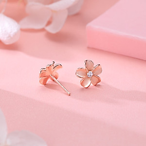 Reffeer Solid 925 Sterling Silver Plumeria Flower Stud Earrings for Women Teen Girls Crystal Flower Stud Earrings (C-Rose Gold)