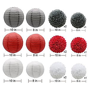 KAXIXI Hanging Party Decorations Set, 15pcs Red Gray White Paper Flowers Pom Poms Balls and Paper Lanterns for Wedding Birthday Bridal Baby Shower Graduation