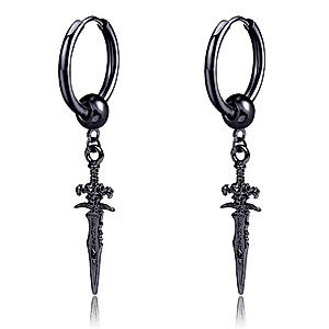 Sword Drop Dangle Small Hoop Earrings for Women Men Stainless Steel Engrave Animal Cross Dagger Halloween Statement Charms Drop Dangling Hoops Cuff Cartilage Wrap Vintage Punk Pray Jewelry (Black)