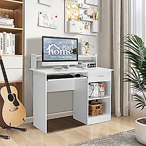 Karl home Computer Desk Study Writing Desk, Wooden Home Office Workstation PC Laptop Table with Drawer Shelf Keyboard Tray, White