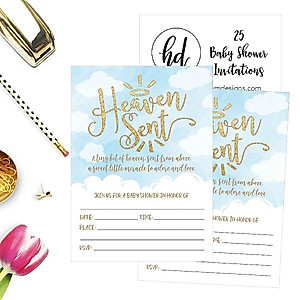 Hadley Designs 25 Blue Boy Heaven Sent Clouds Baby Shower Invitations, 25 Baby Shower Diaper Raffle Tickets For Baby Shower, Celestial Angel Fill or Write in Card, Diaper Raffle Cards, Baby Shower
