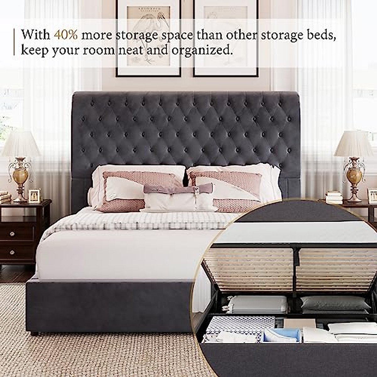 Jocisland Lift Up Storage Bed Queen Size Velvet Upholstered Sleigh Platform Bed Frame/52.4" Deep Button Tuft Headboard/Hydraulic Storage/Easy Assembly/Dark Grey