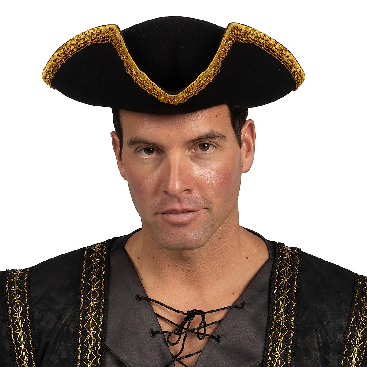 Spooktacular Creations Black Pirate Hat, Colonial Tricorn Hat with Gold Trimming for Adults, Halloween Renaissance Costume Accessory for Revolutionary War RolePlay Party