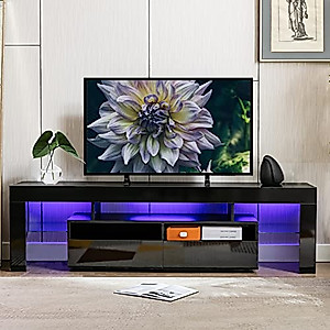 Vinctik 6&Fox LED Black TV Stand - Modern Entertainment Center with 2 Storage Drawers, LED Light, High Glossy Console, Media Furniture (65inch)