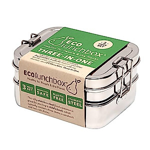 Ecolunchbox Three-in-One Stainless Steel Two Level Steel Bento Box With Snack Container Regular - Holds 4 Cups of Food - Not Leak-Proof (1)