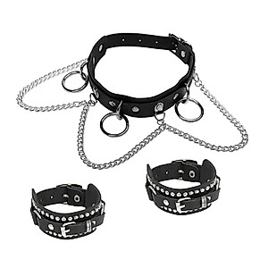 Tosmifairy 3pcs Ring Choker and Bracelets Set Goth Jewelry for Women Ladies Black Leather Collar Cuff Cosplay Accessories Costume
