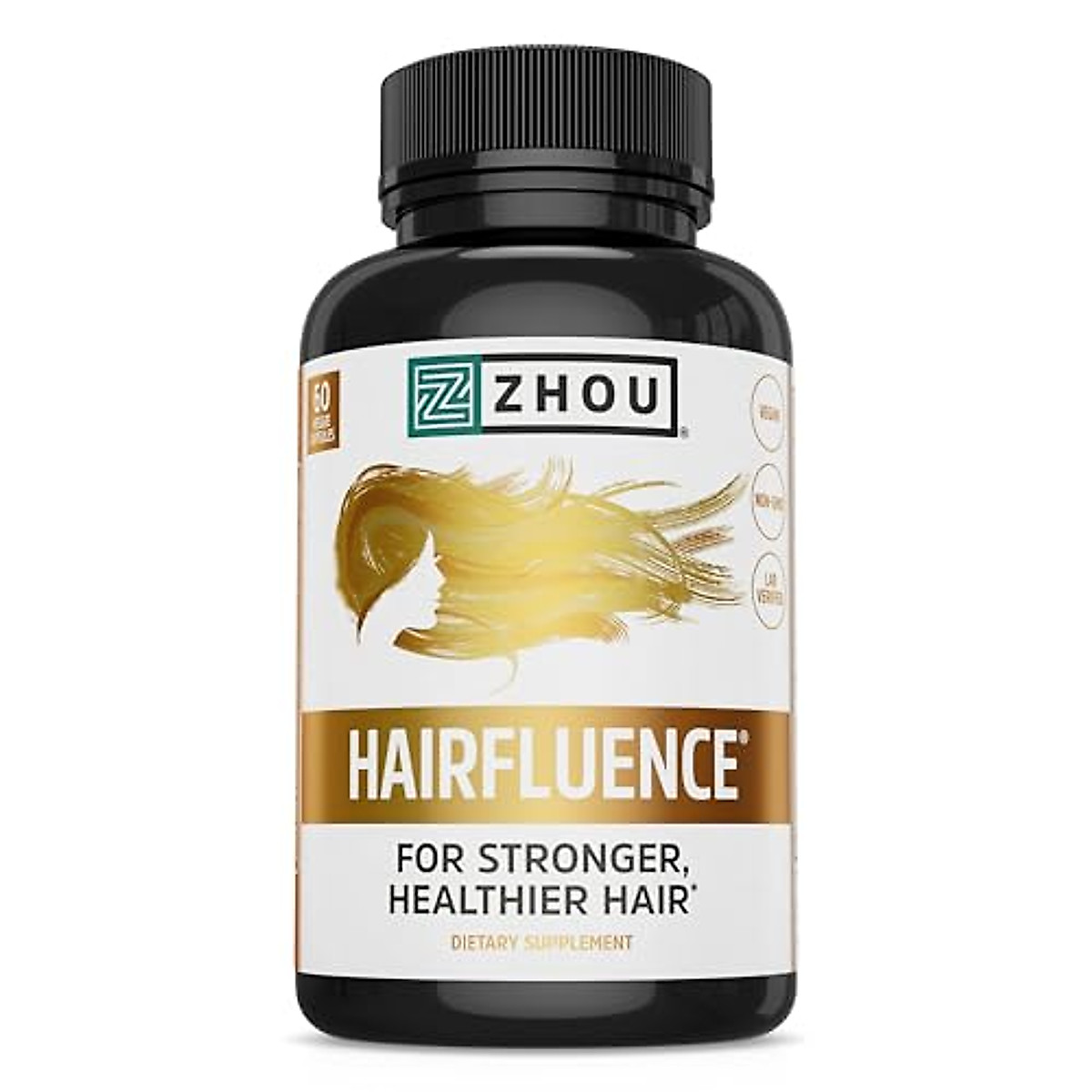 Zhou Hairfluence, Hair Growth Supplement with Clinically Studied Lustriva and Keranat and Hair Vitamins Biotin 5000mcg, Vitamin D, A, C & B12, Non-GMO, Gluten Free, 60 VegCaps