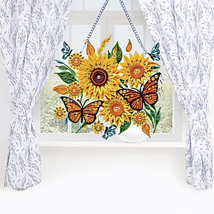 AZURAOKEY Sunflower Diamond Art Kits Hanging Sign Special Shaped Diamond Dots Art Acrylic Ornaments Flower Diamond Art Kits Pendant for Adult Kid Home Wall Window Decor Gift