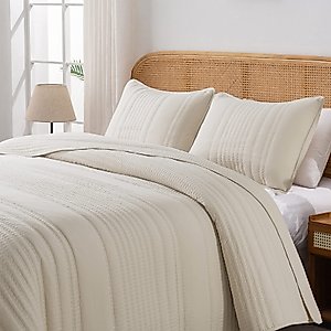 HIARUO Queen Quilt Bedding Set, Full Size Striped Coverlet Bedspread (90x90 inch) with 2 Pillow Shams (20x26 inch) for All Season, Beige/White