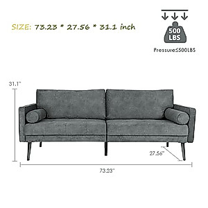 Vonanda Velvet Sofa Couch, Mid Century Modern Craftsmanship 73 inch 3-Seater Sofa with High-Density Sponge Comfy Soft Cushions and 2 Bolster Pillows for Compact Living Room, Grey