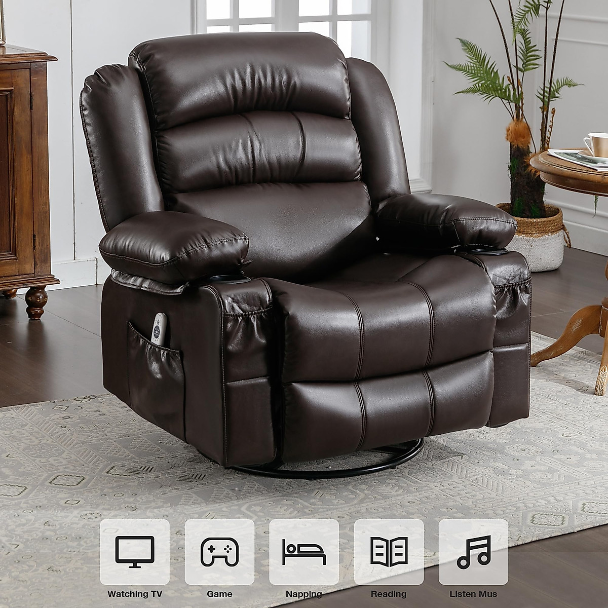 Etsaleruo Massage Swivel Rocker Recliner Chair, PU Leather Living Room Lounge Chair with Vibrating Massage and Heat, Multifunctional Lazy Sofa with Side Pockets 2 Cup Holders USB Charge Port, Brown