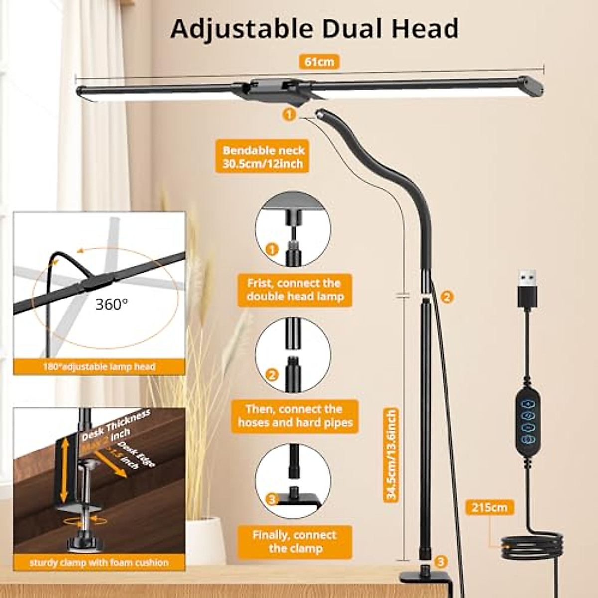 Woputne Desk Lamp Clamp Light, Dual Head, Long Clip Light, 3 Modes x 10 Brightness, 10W 860lumen, Office Clamp Task Table Lamp, Black