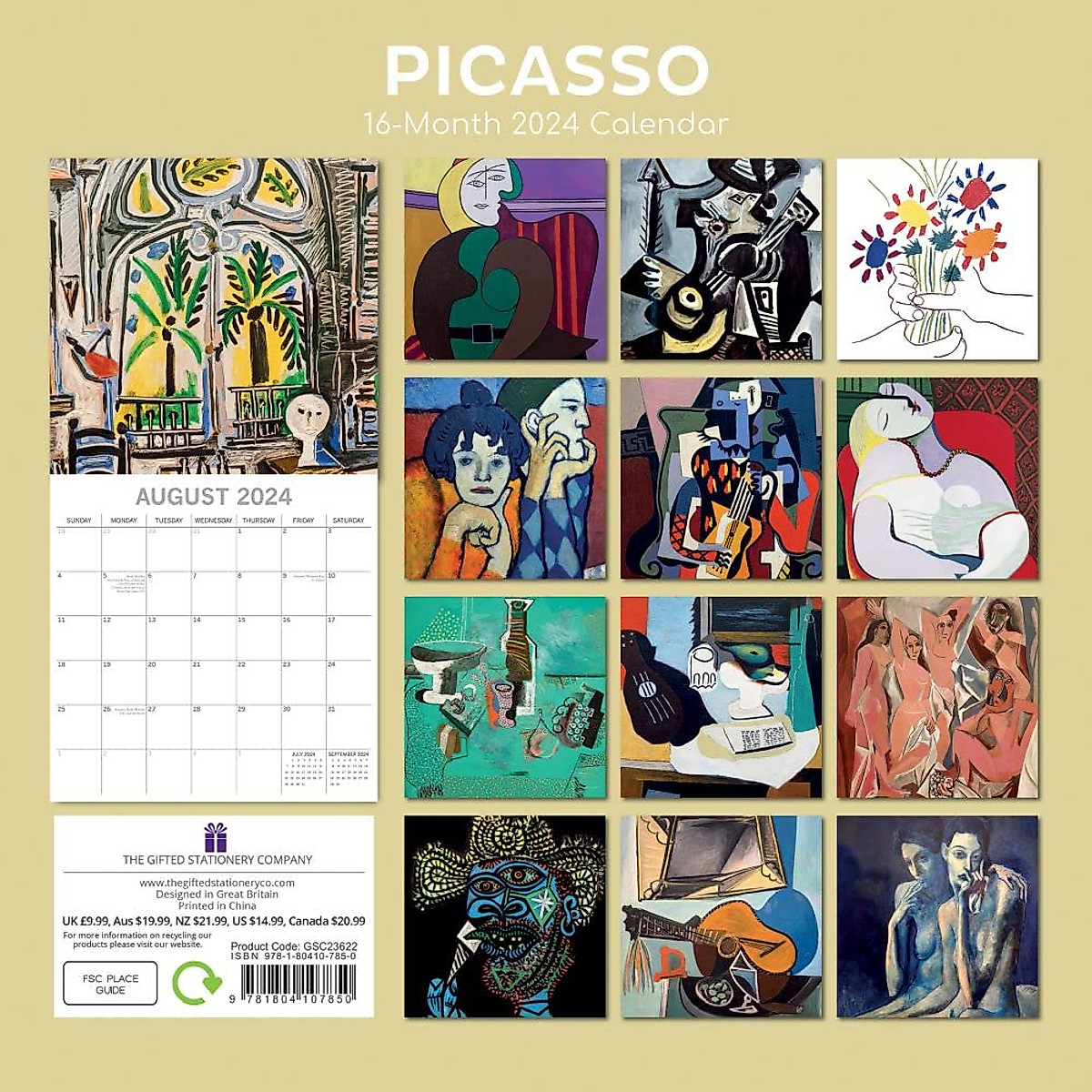 2024 Square Wall Calendar - Picasso 12 x 12 Inch Monthly View, 16-Month, Art Theme, Includes 180 Reminder Stickers